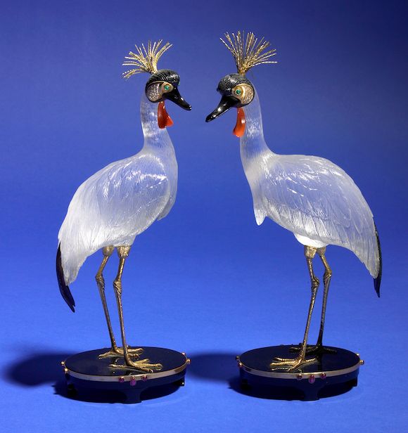 Bonhams : Two Carved Gemstone Sculptures—"Pair of Crested Cranes"