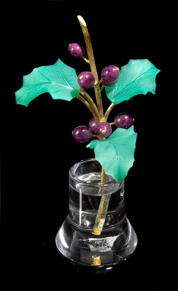 Bonhams : Ruby, Green Onyx, Rock Crystal and 18K Gold Carving—"The Holly Branch"