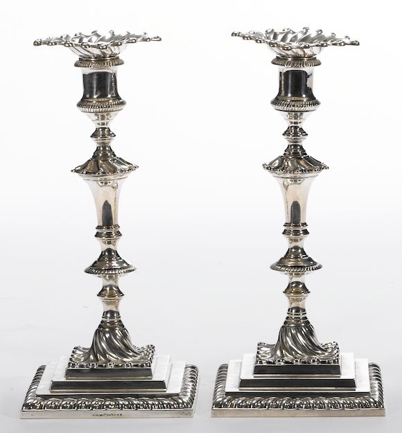 Bonhams : A sterling pair of reproduction George II style candlesticks ...