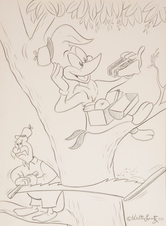Bonhams : A Walter Lantz drawing of Woody Woodpecker eating lunch in a tree