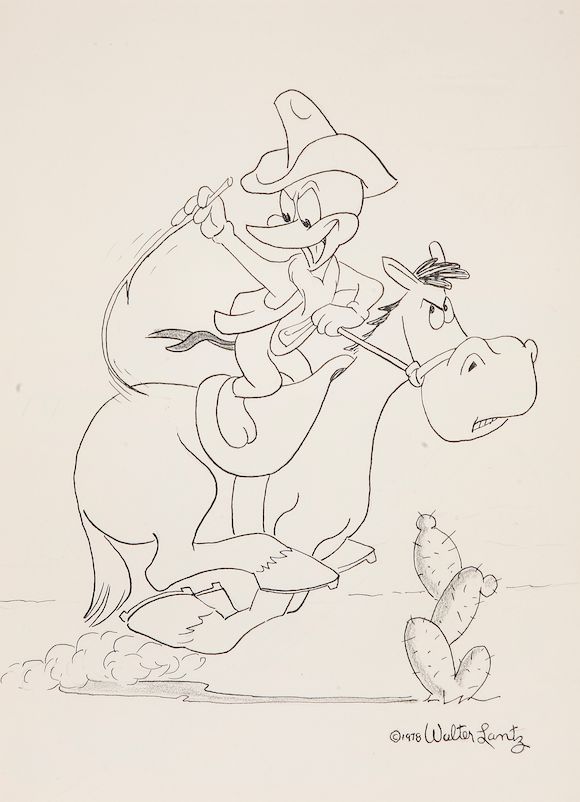 Bonhams : A Walter Lantz drawing of Woody Woodpecker riding a horse