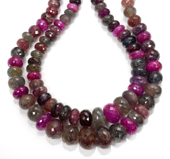 Bonhams : A multi-color sapphire bead double strand necklace