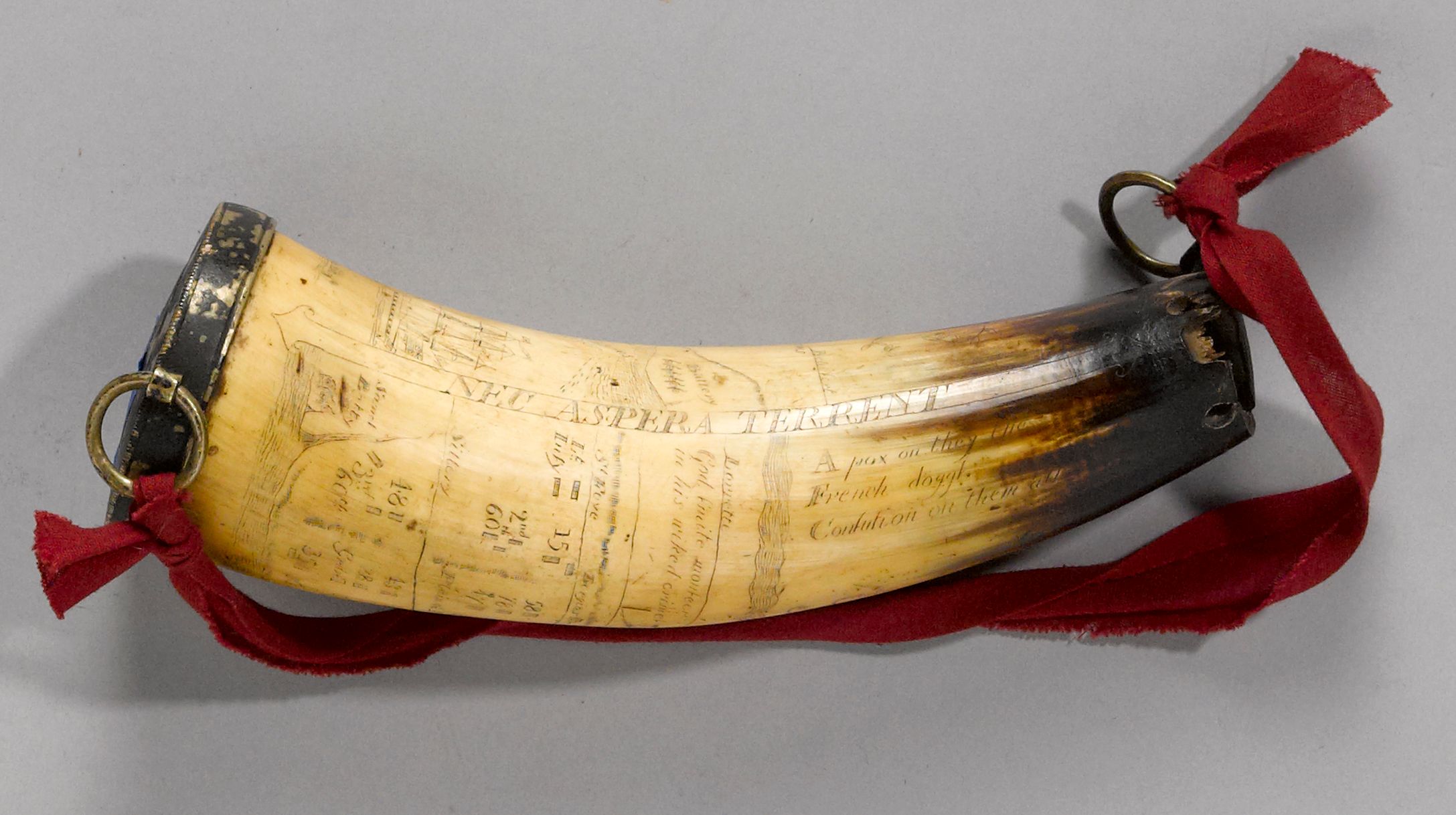 An incised British military powder horn commemorating the Battle of the ...