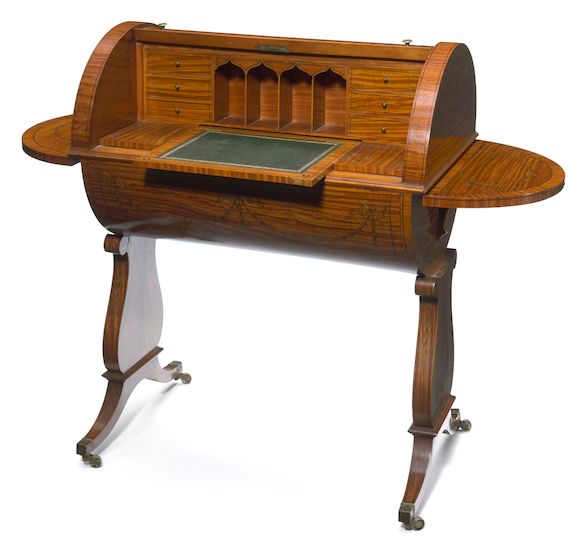Bonhams : A George III style inlaid satinwood cylinder writing desk ...