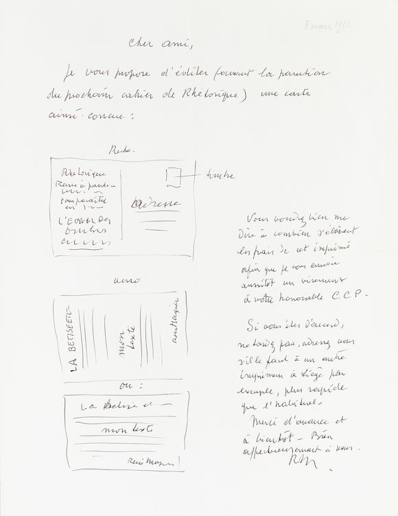 Bonhams : MAGRITTE, RENE. 1898-1967. Autograph Letter Initialed ("R.M ...