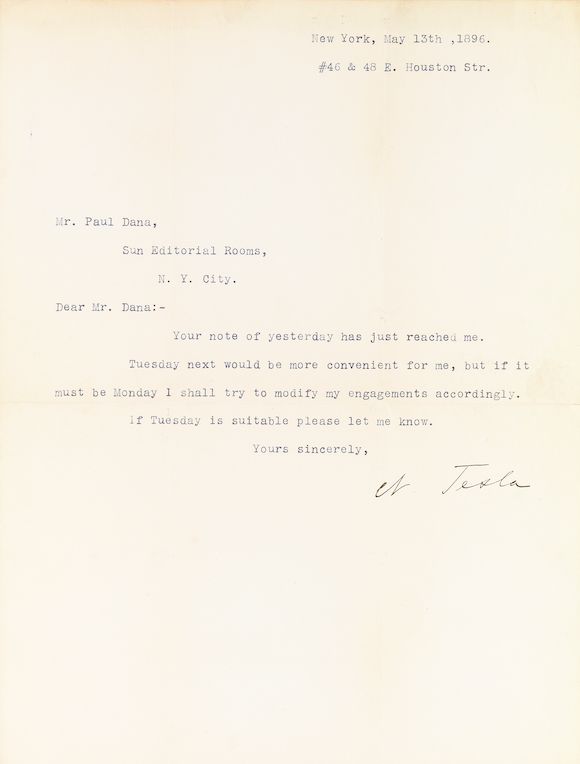 Bonhams : TESLA, NIKOLA. 1856-1943. Typed Letter Signed (N. Tesla), 1 p ...