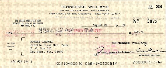 Bonhams : WILLIAMS, TENNESSEE. 1911-1983. Check Signed ("Tennessee ...