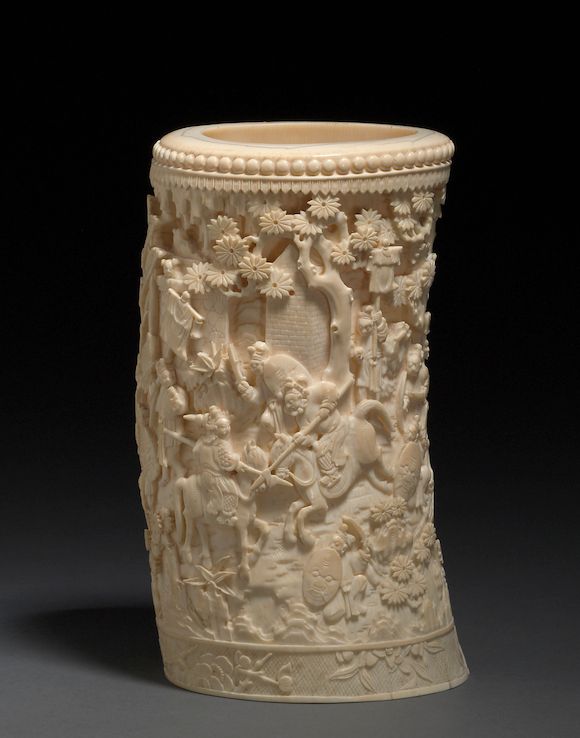 Bonhams : A carved ivory brush pot Late Qing dynasty