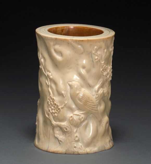 Bonhams : A carved ivory brush pot 18th/19th century