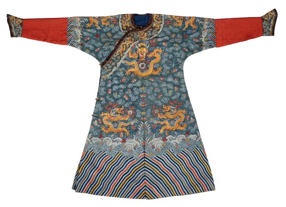 Bonhams : An embroidered blue silk ground dragon robe 19th century