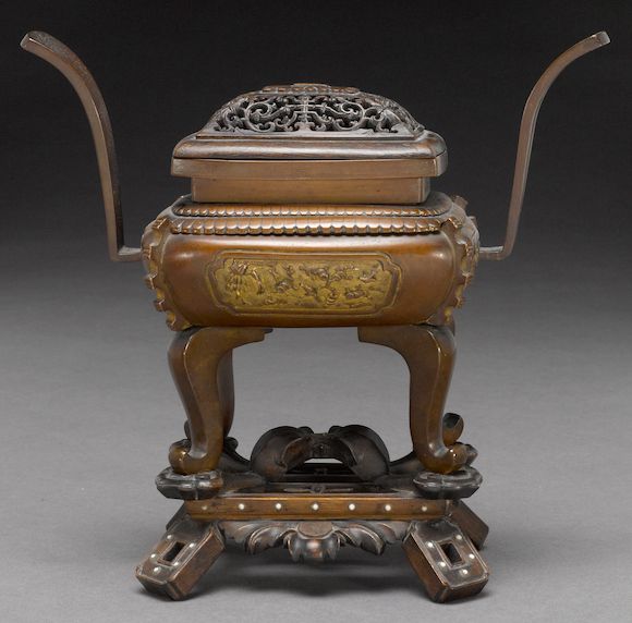 Bonhams : A patinated bronze rectangular censer with gilt details 18th ...