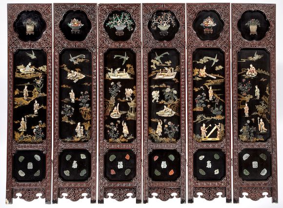 Bonhams : A six-panel tixi lacquer and wood floor screen with ivory and ...
