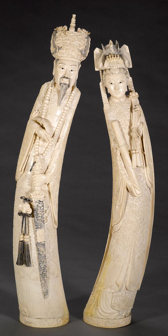 Bonhams : Two large carved ivory figures 20th century