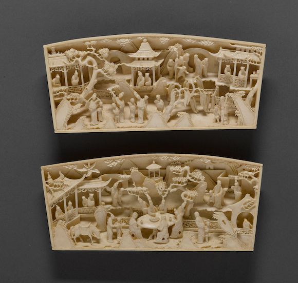 Bonhams : A pair of carved ivory landscape plaques 19th century