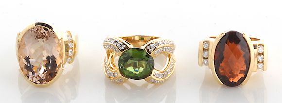 Bonhams : A collection of three morganite, green and orange-brown ...