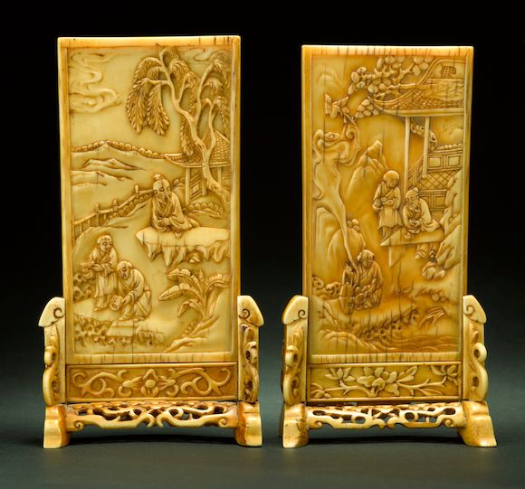 Bonhams : A pair of miniature ivory table screens on ivory stands 18th ...