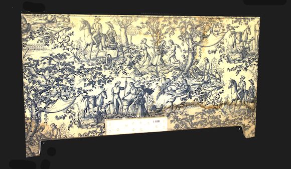 Bonhams : A Rococo style headboard frame, blue toile headboard, and ...
