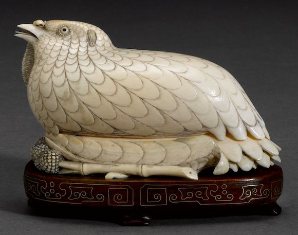 Bonhams : A carved ivory box in the shape of a bird Republic period