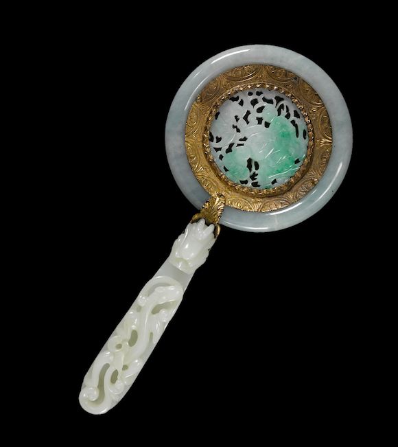 Bonhams : A gilt metal and jade-mounted hand mirror