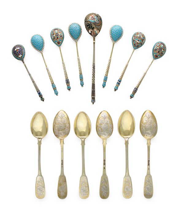 Bonhams : A set of twelve Russian silver gilt and engraved teaspoons ...