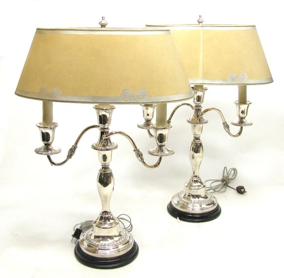 Bonhams : A pair of George III style silver plated three light ...