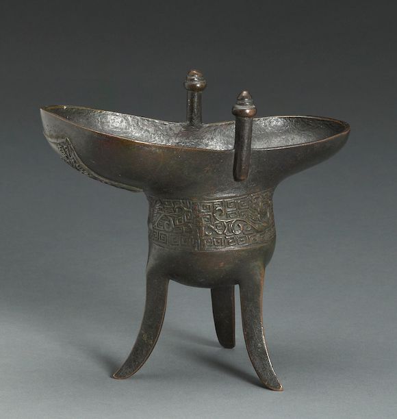 Bonhams : A cast-bronze jue-form vessel Dated by inscription to 1786