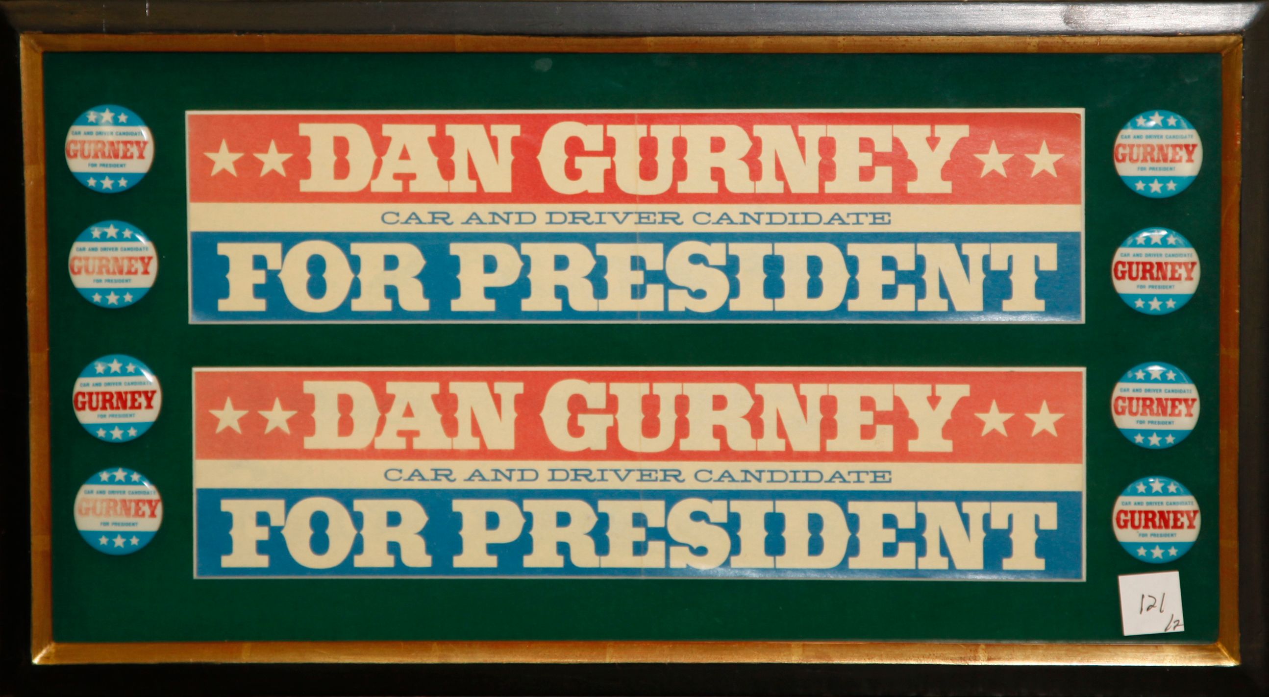 Bonhams Cars : Framed "Dan Gurney for President" pins and bumper ...