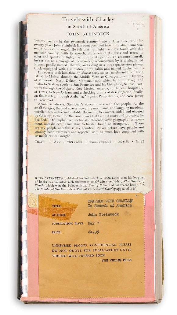 Bonhams : STEINBECK, JOHN. 1902-1968. Travels with Charley. New York ...