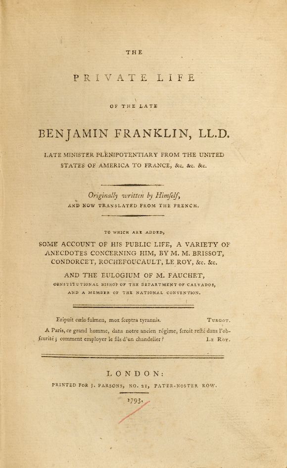Bonhams : FRANKLIN, BENJAMIN. 1706-1790. The Private Life of the Late ...