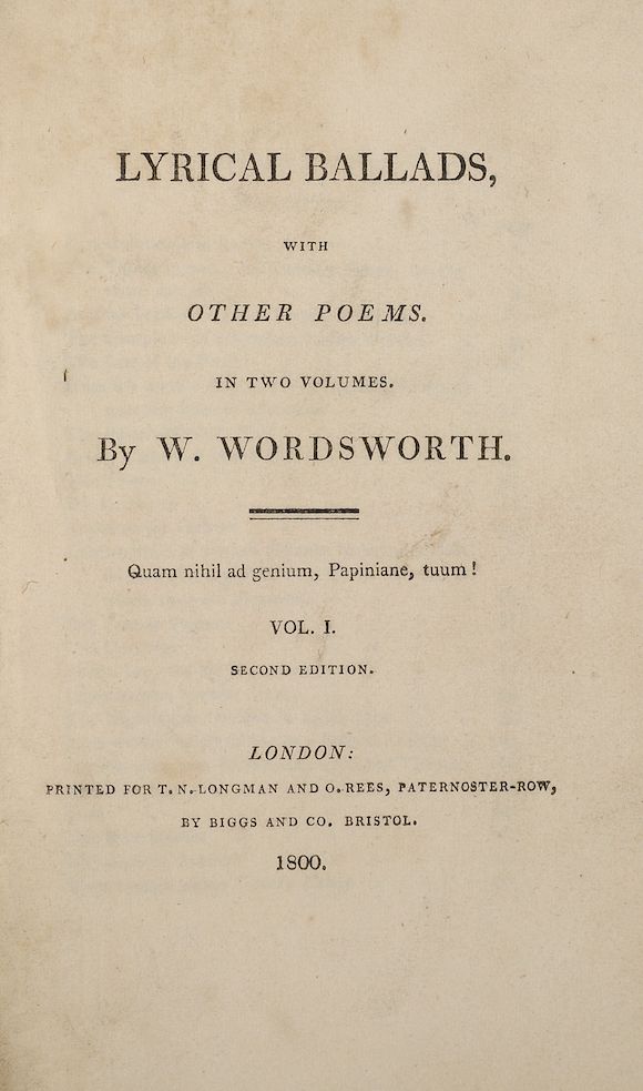 Bonhams : WORDSWORTH, WILLIAM, AND SAMUEL TAYLOR COLERIDGE. Lyrical ...