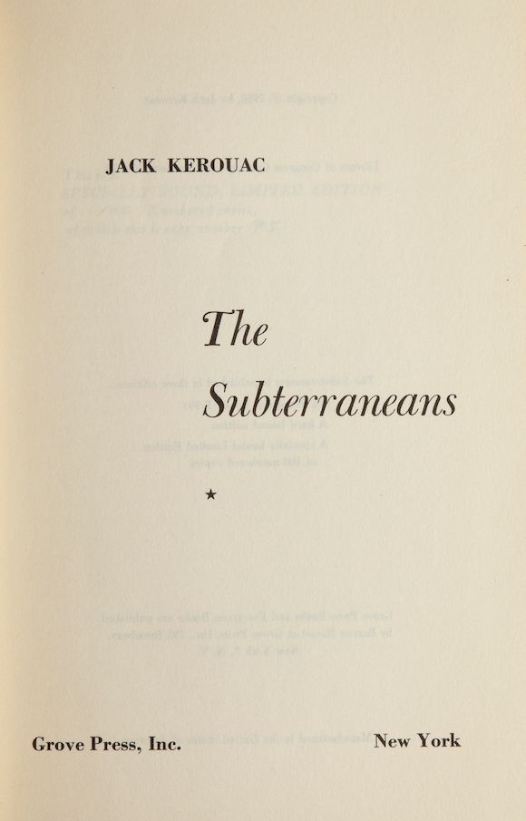 Bonhams : KEROUAC, JACK. 1922-1969. The Subterraneans. New York: Grove ...