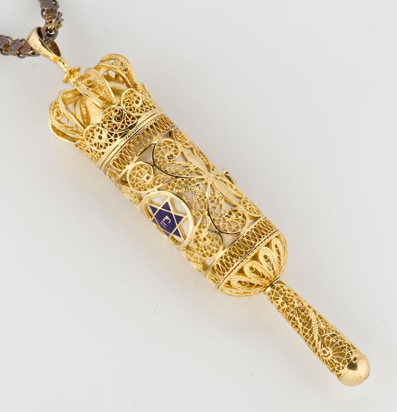 Bonhams : An enamel and 14k gold Torah pendant with chain