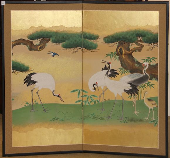 Bonhams : Kano school style (20th century) Cranes and Pines