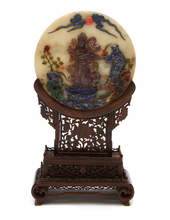 Bonhams : A pair of Chinese hardstone inset figural plaques, mounted as ...