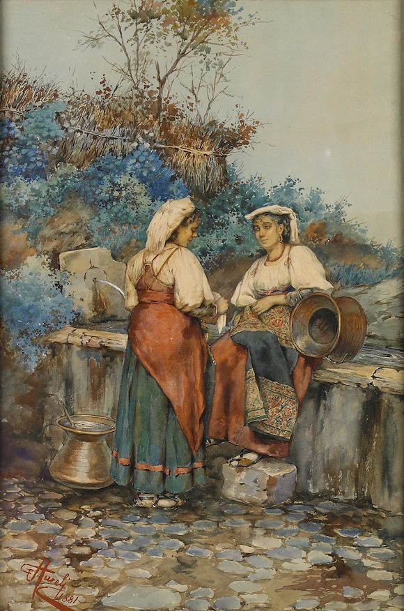 Bonhams : Giuseppe Aureli (Italian, 1858-1929) Two maidens at a ...