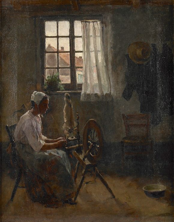 Bonhams : Isabel Ross (American) At the spinning wheel 19 x 15in