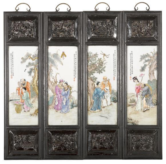 Bonhams : A set of four famille rose enameled porcelain and carved wood ...