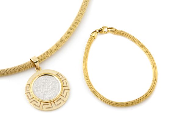 Bonhams : A 14k gold mesh tube necklace and bracelet together with a ...