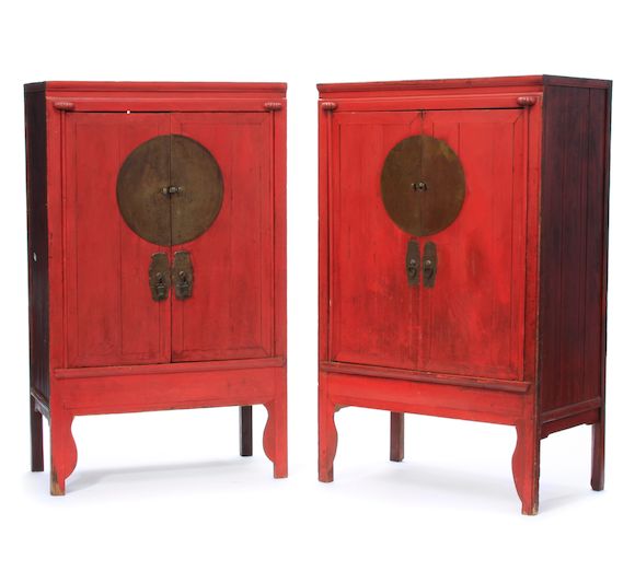 Bonhams : A pair of Chinese scarlet lacquered cabinets