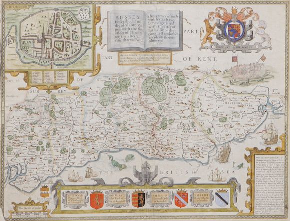 Bonhams : HAND-COLORED ENGRAVED MAP OF SUSSEX. SPEED, JOHN. Sussex ...