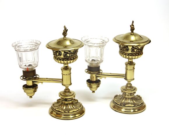 Bonhams : A pair of brass Argand lamps with glass shades late 19th century