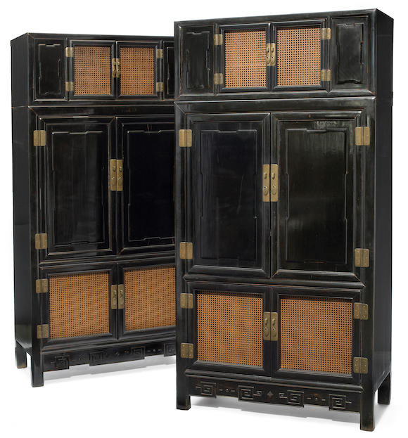 Bonhams A Pair Of Chinese Brass Mounted Cane Paneled Ebonized Cabinets