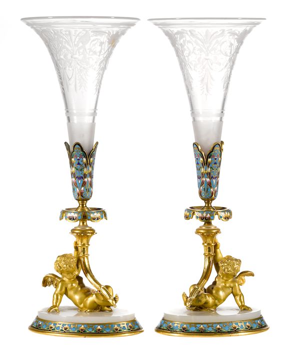 Bonhams : A pair of French gilt-bronze, champlevé enamel and onyx ...