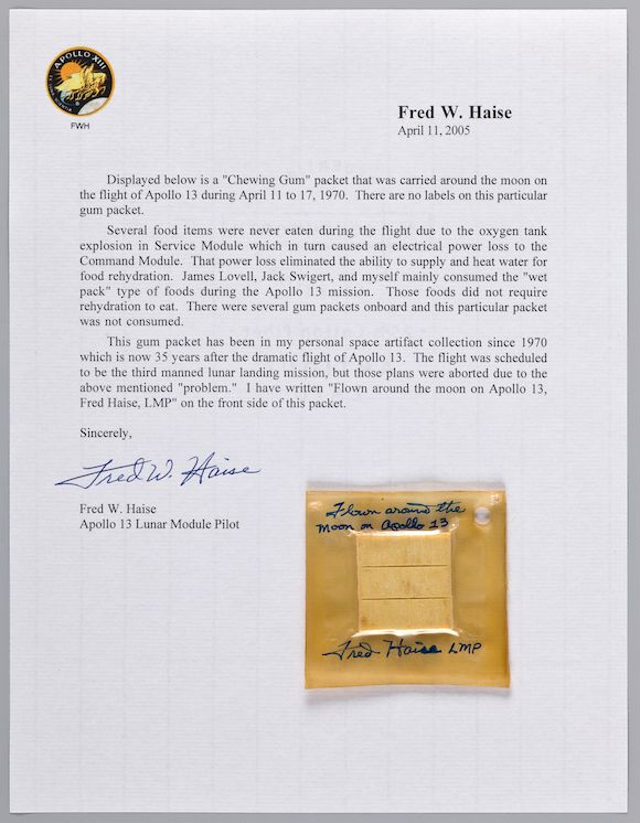 Bonhams : FRED HAISE'S FLOWN GUM PACKAGE, APOLLO 13. Flown packet of ...