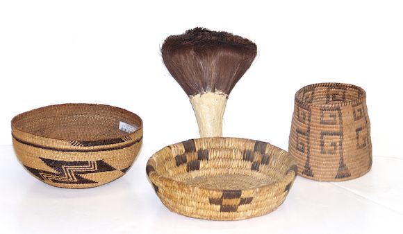 Bonhams : Three Native American baskets and a soaproot brush