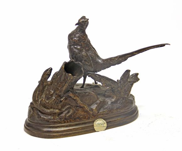 Bonhams : A French patinated bronze pheasant and lizard match holder ...