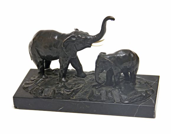 Bonhams : A patinated bronze and ivory group of elephant and calf cast ...