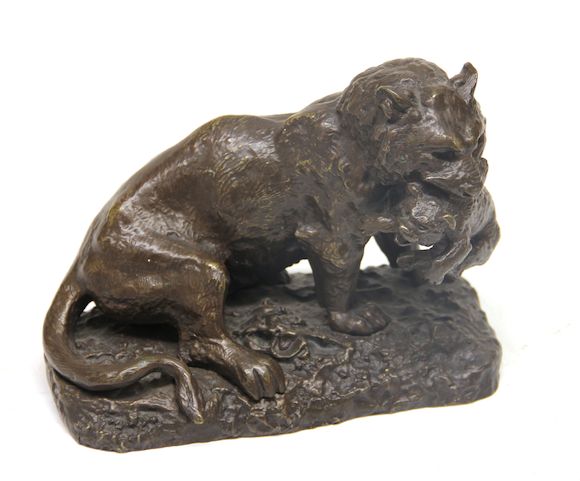 Bonhams : A French patinated bronze of a lioness with cub cast after ...