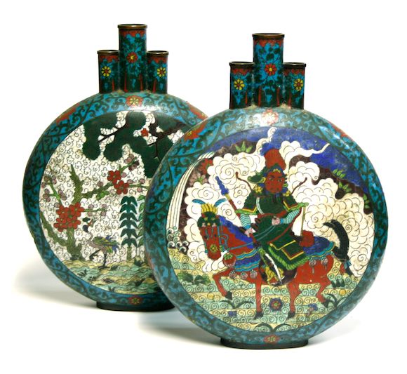 Bonhams : A pair of cloisonné enameled metal moon flasks with figural ...
