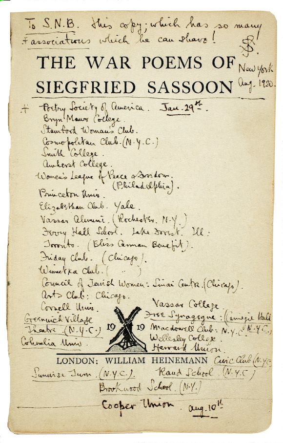 Bonhams : SASSOON, SIEGFRIED. 1886-1967. The War Poems. London: William Heinemann, 1919.